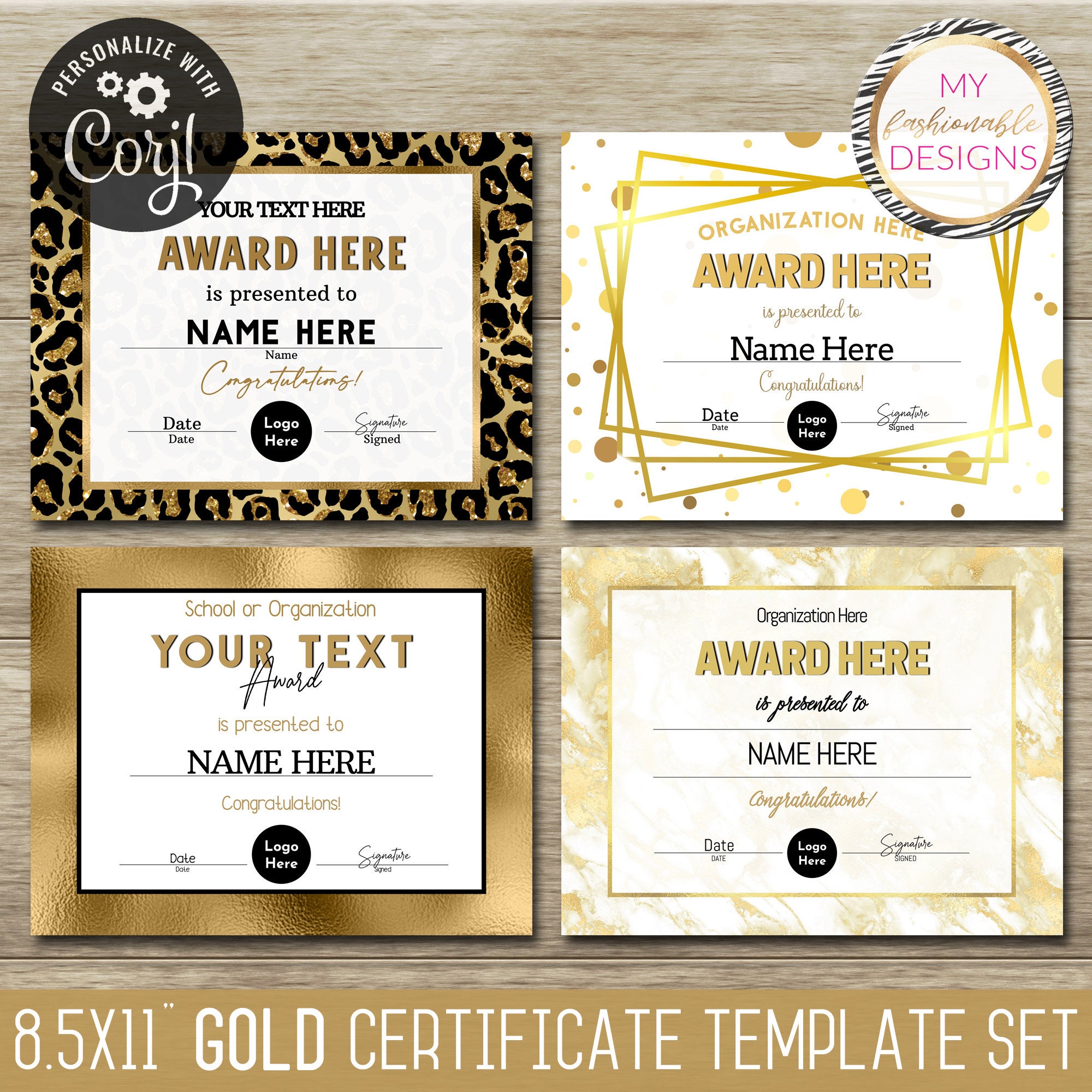 Gold Certificate Template Set - 12 Design Templates! 8.5x11" - Save as ...