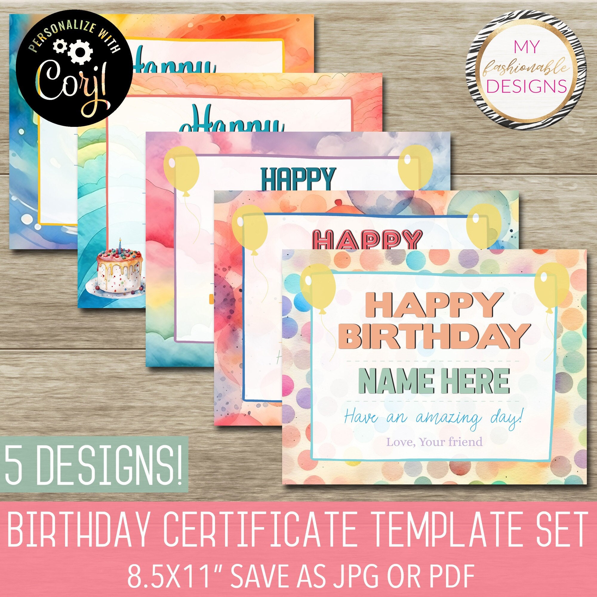 Happy Birthday Certificate Template Set 8.5x11 5 Designs Save as JPG or ...