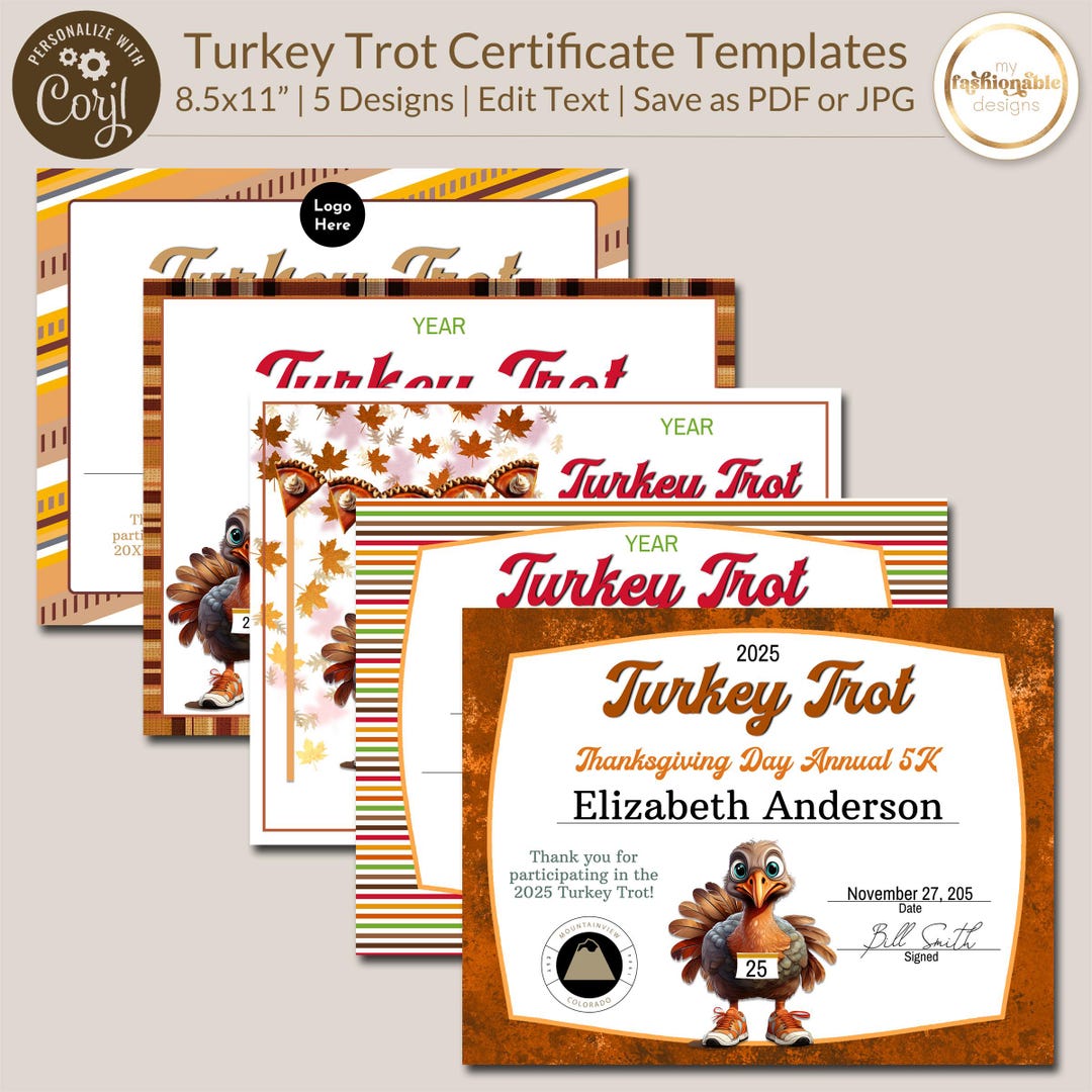 Turkey Trot or Run/walk Certificate Template Set - 5 Design Templates ...