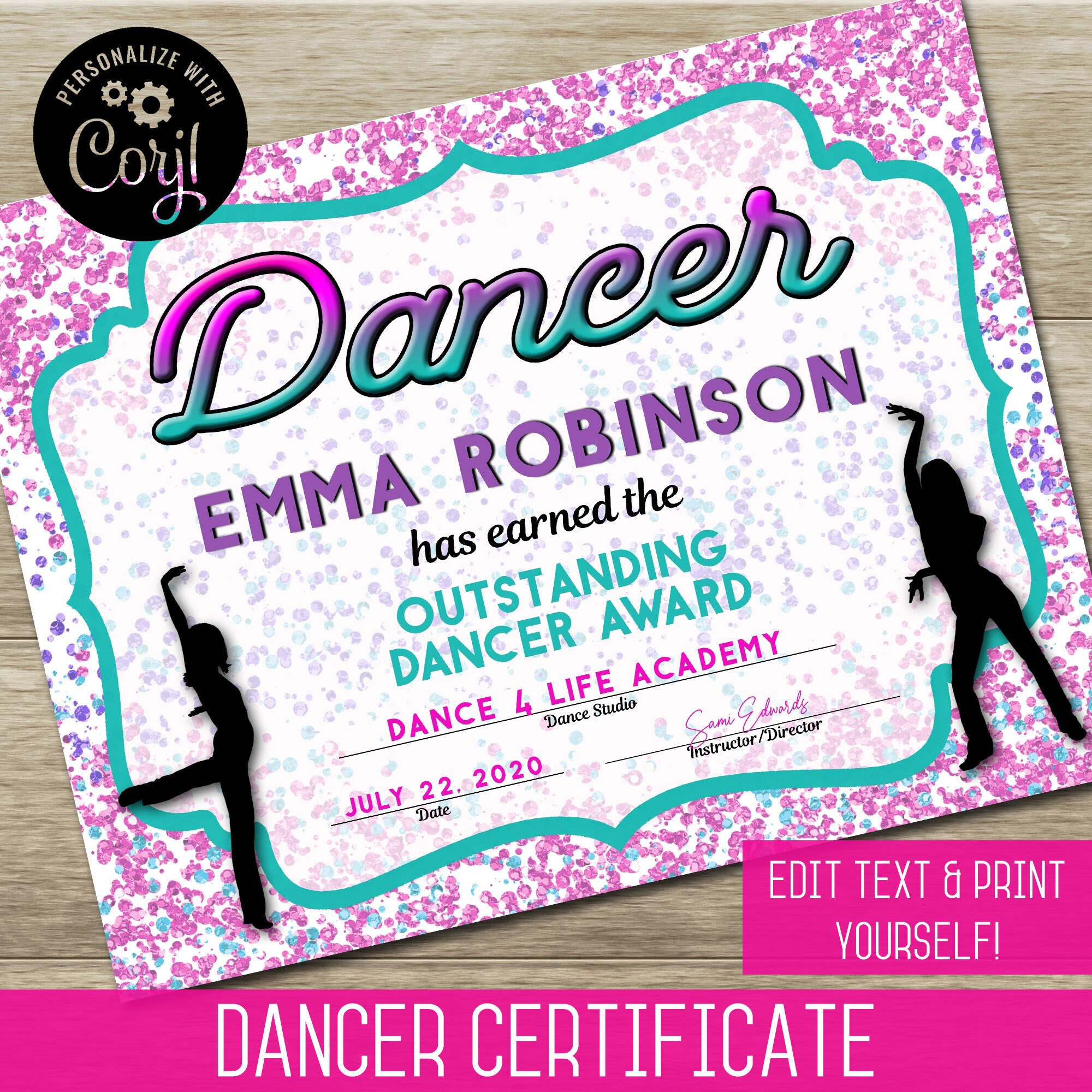 Dancer Certificate Template 8.5x11 Save as PDF or JPG Corjl Self-edit ...