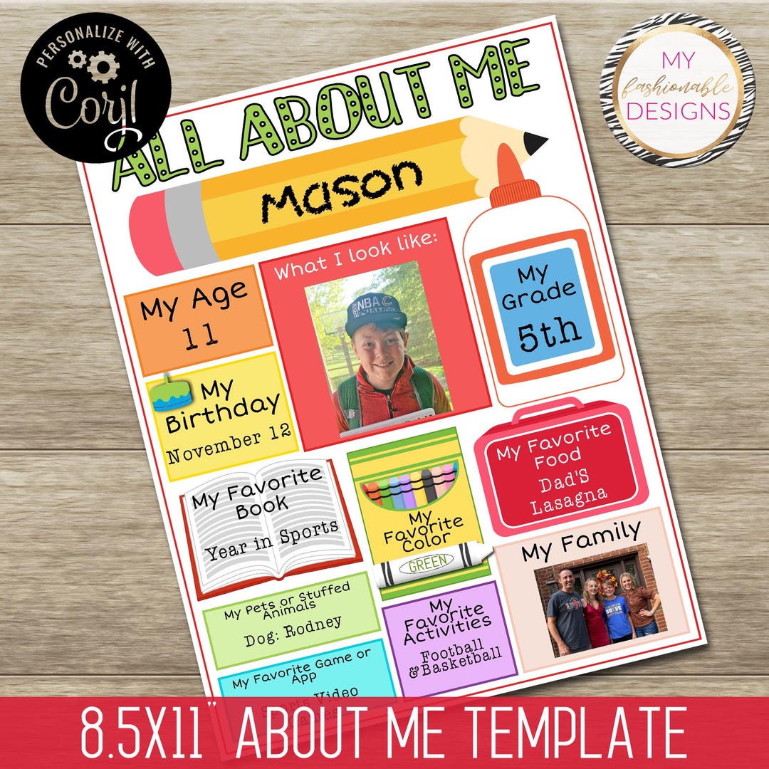 All About Me Template - 8.5x11" - Save as JPG or PDF - Corjl Self-edit ...