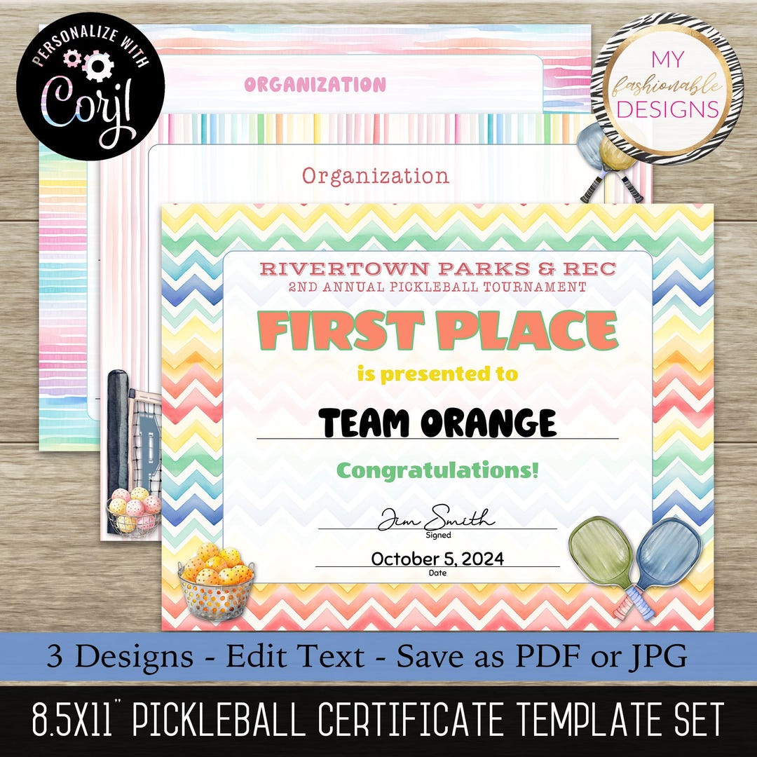 Pickleball Certificate Template - 3 Designs - Pickleball Award - 8.5x11 ...