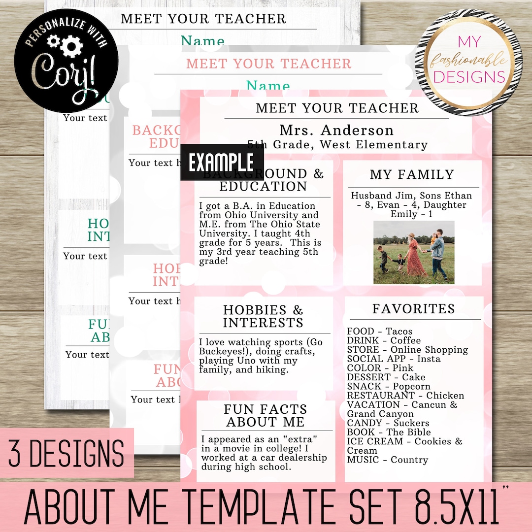 About Me Template Set - 8.5x11" - 3 Designs - Save as JPG or PDF ...