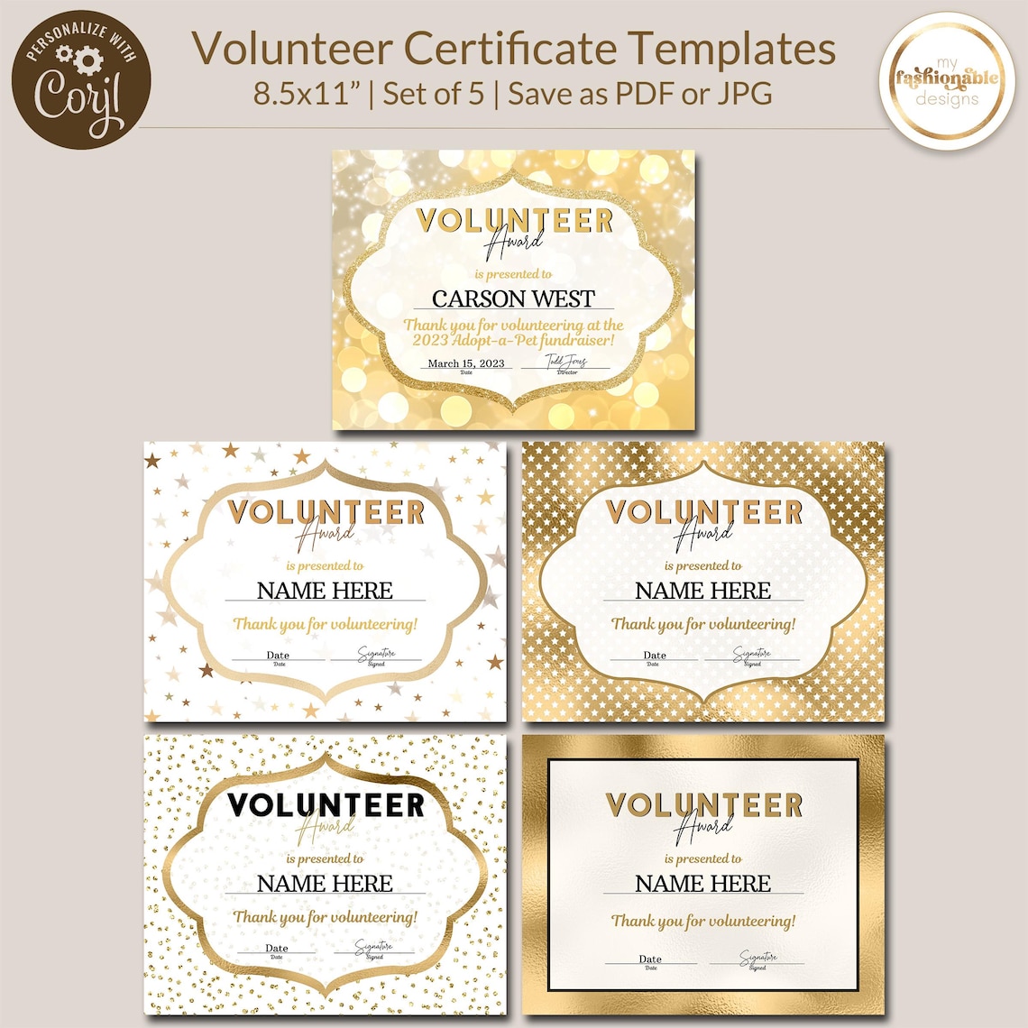 Volunteer Certificate Template Set - Volunteer Award - 5 Templates ...