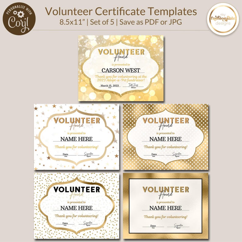 Volunteer Certificate Template Set - Volunteer Award - 5 Templates ...
