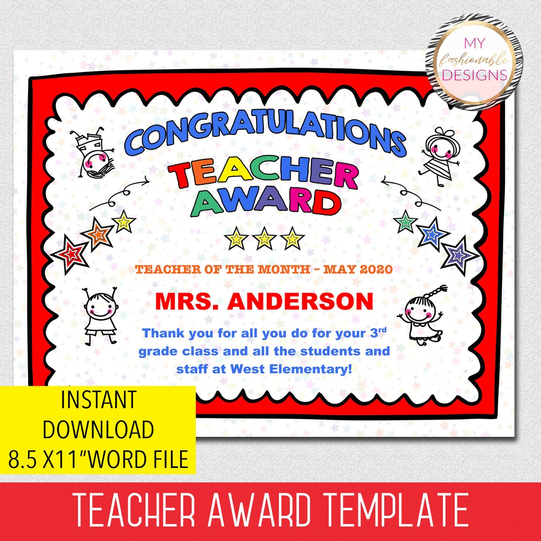 Teacher Award Certificate Template, Teacher Certificate, 8.5x11 Word ...