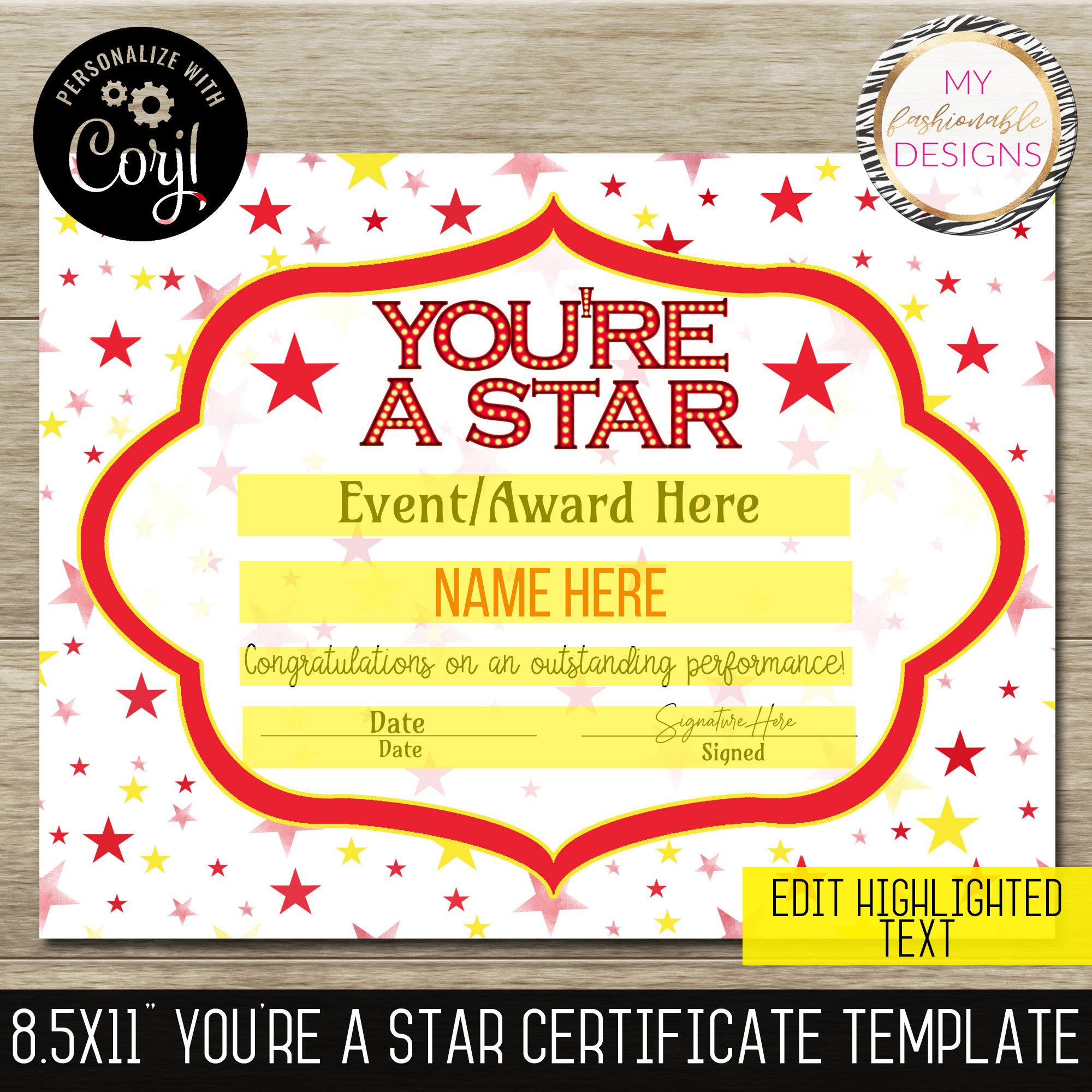 You're a Star Certificate Template Red & Yellow 8.5x11 Save as PDF or ...