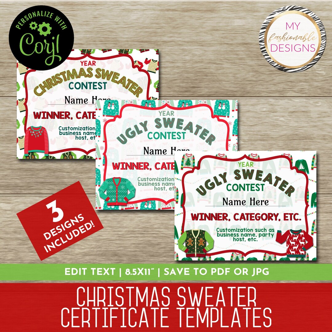 Christmas Sweater Certificate Template Set - 3 Designs!!! 8.5x11 ...