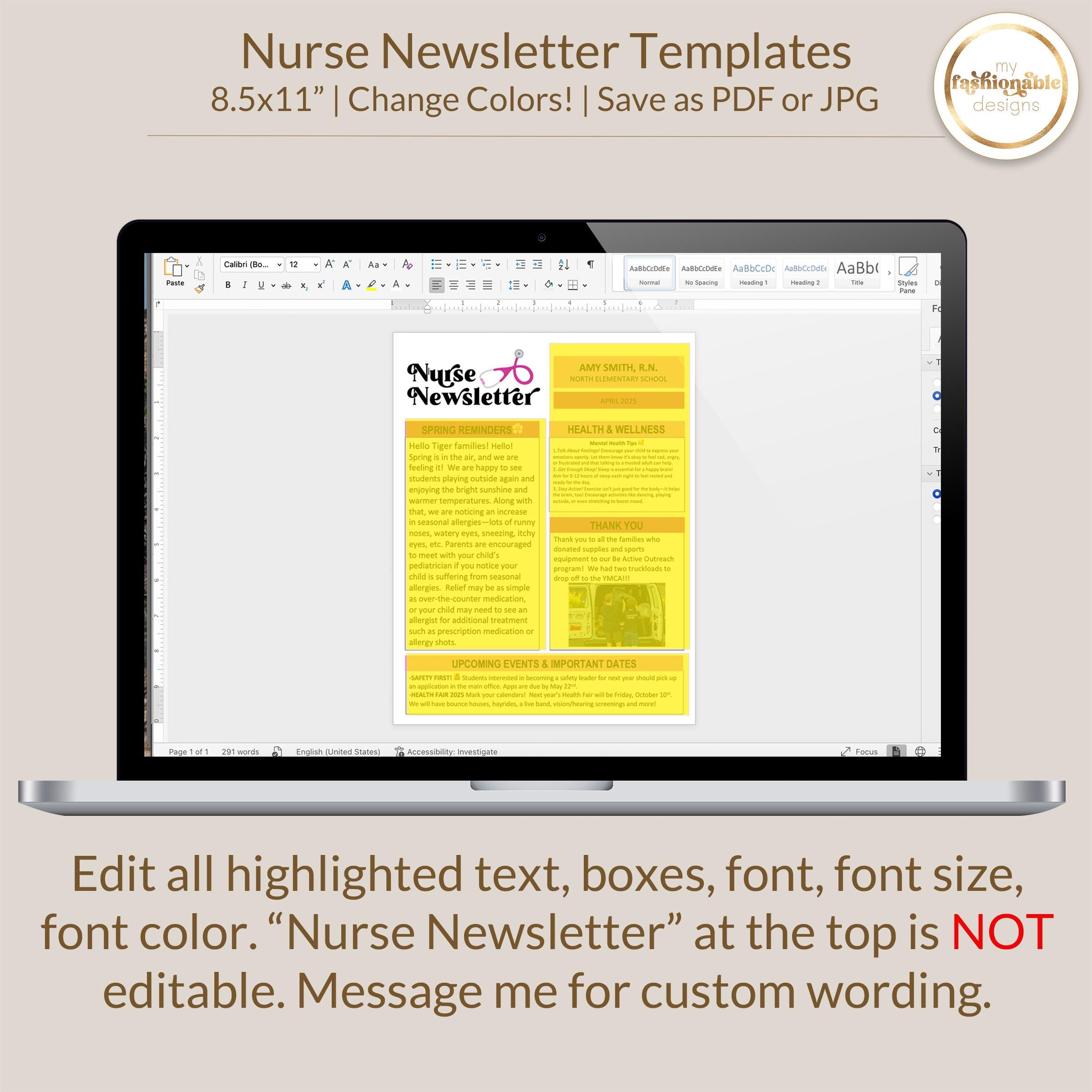 Nurse Newsletter Templates, 3 Designs Included, Word Format, Instant ...