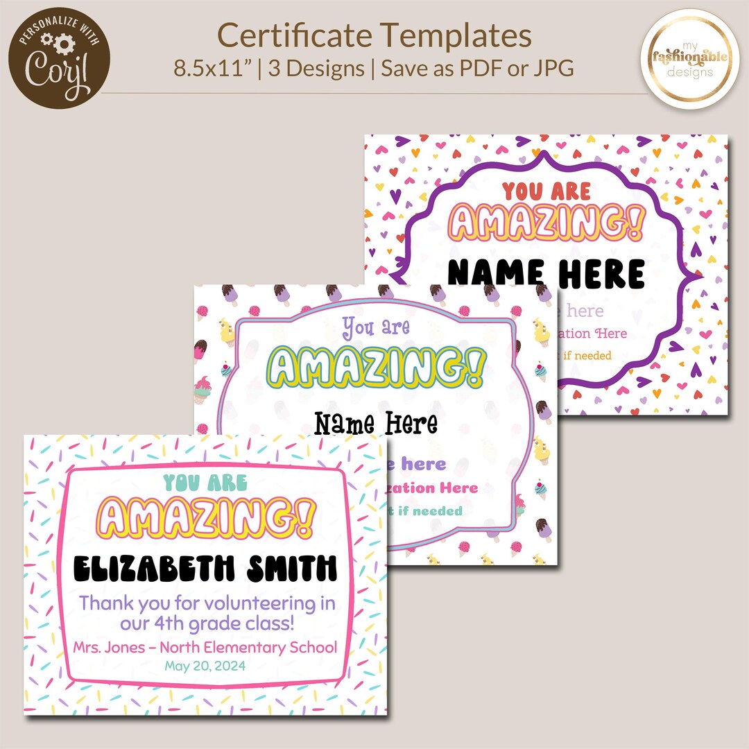 Certificate Template Set - 3 Design Templates! 8.5x11" - Volunteer ...