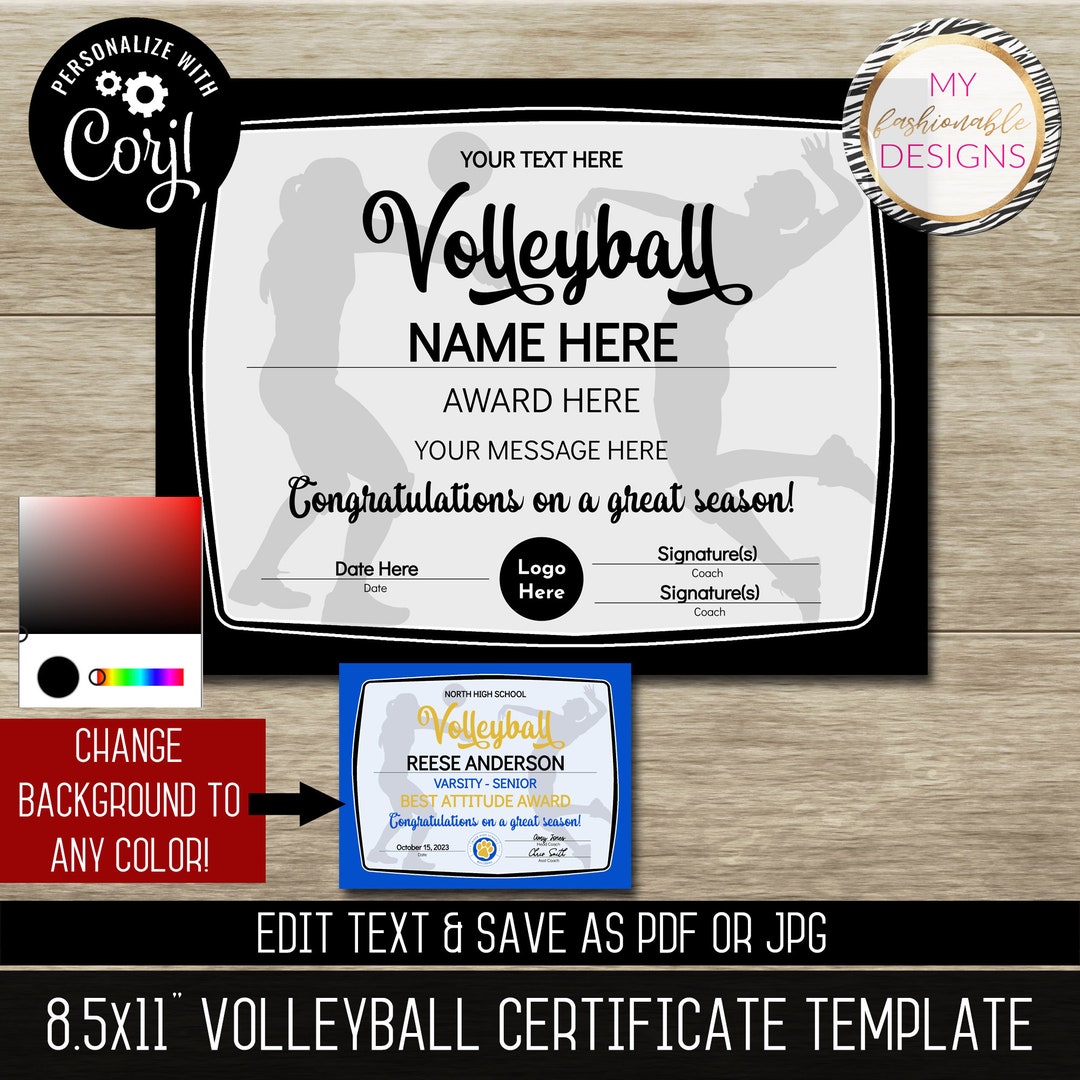 Girls Volleyball Certificate 8.5x11 Change Colors Edit Text Save as JPG ...