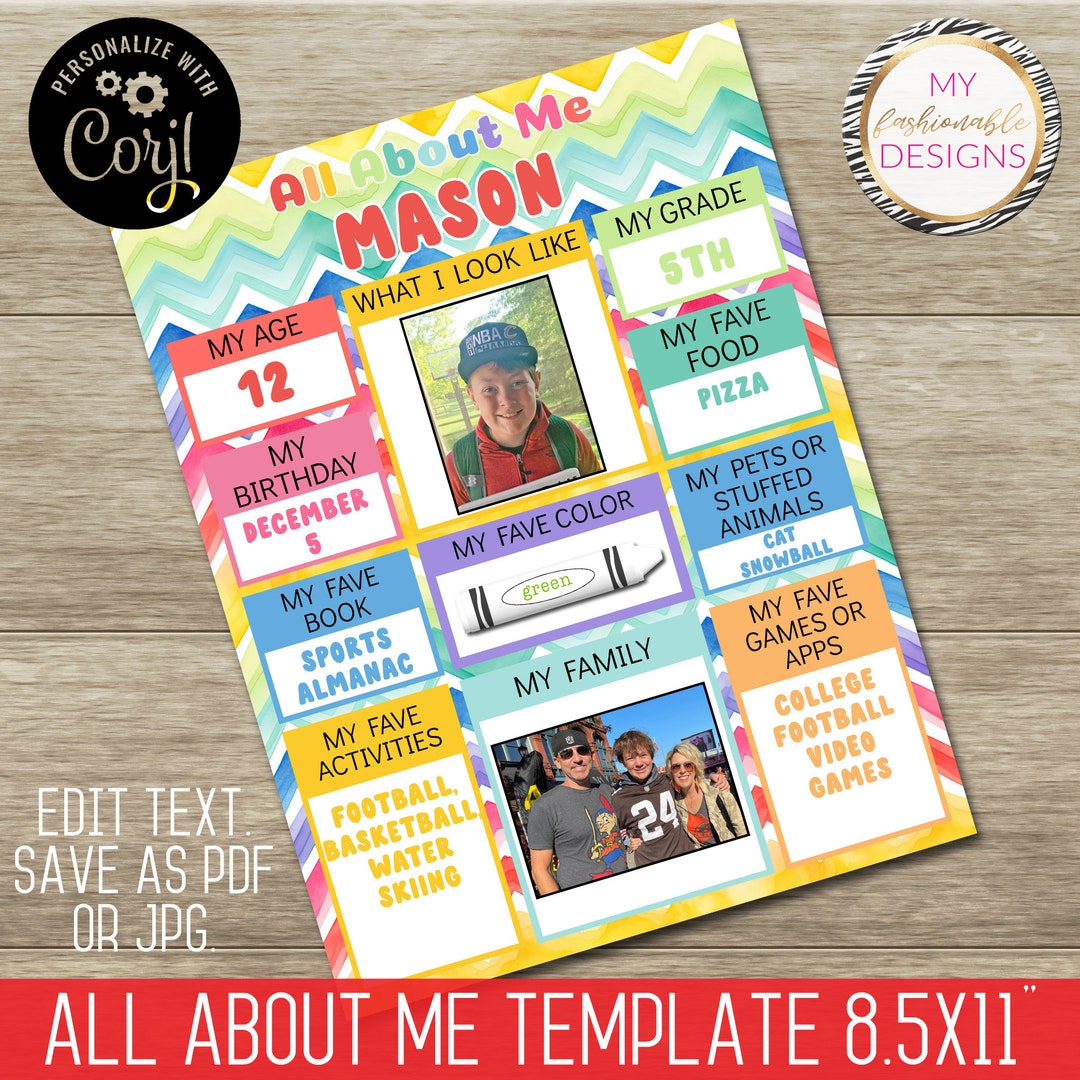 All About Me Template - 8.5x11" - Save as JPG or PDF - Corjl Self-edit ...