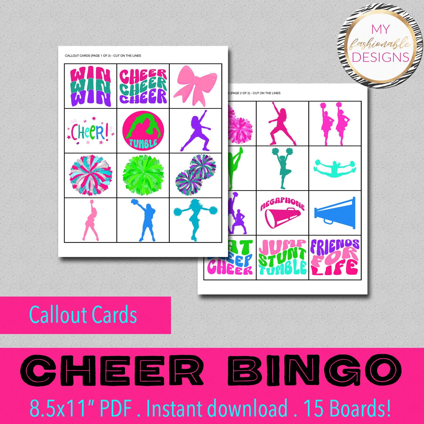 Cheer BINGO Game, Cheerleader BINGO, 15 Boards - 8.5x11" PDF, Instant ...
