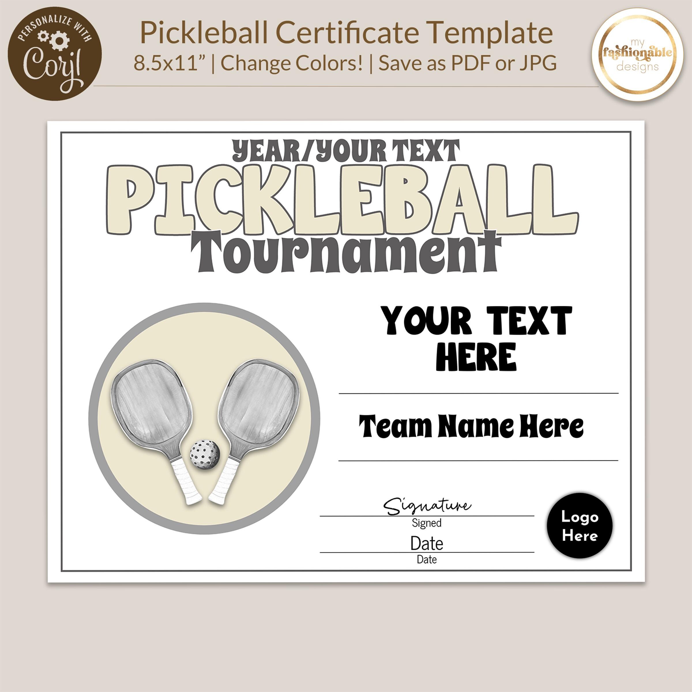 Pickleball Certificate Template - Pickleball Award - 8.5x11" - Save as ...