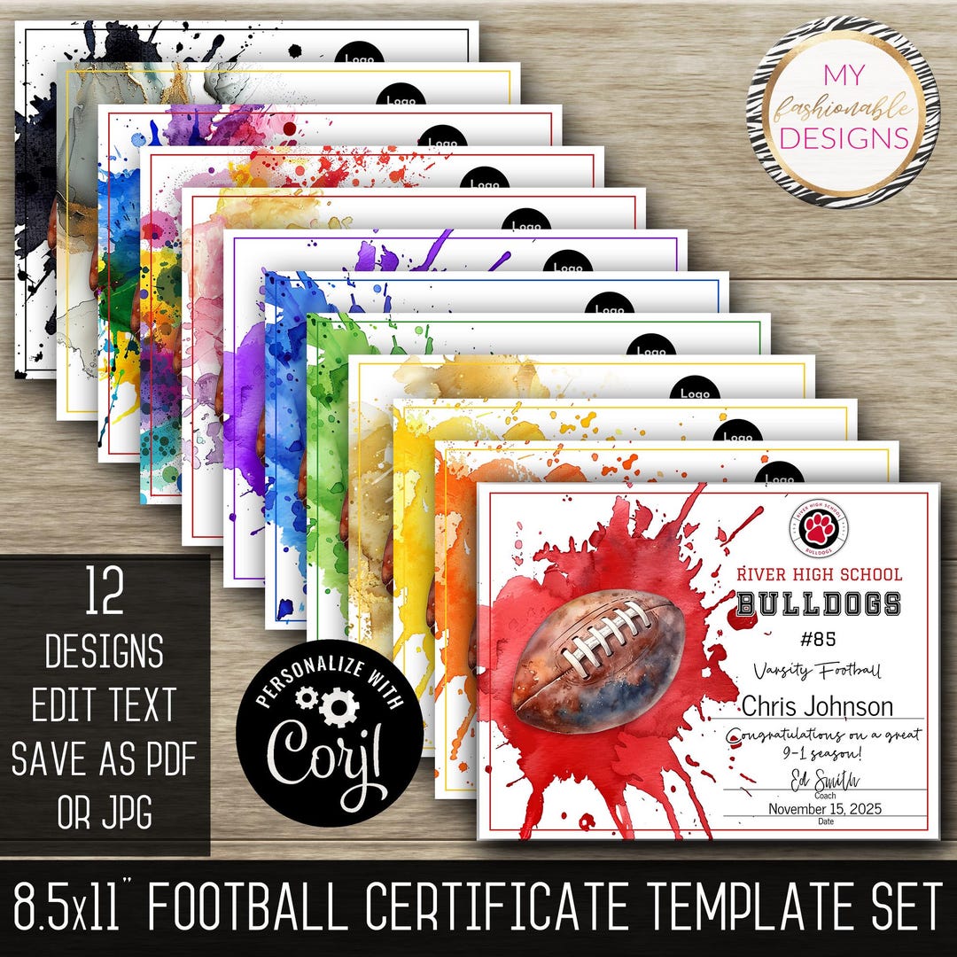 Football Certificate Template Set 8.5x11" - 12 Designs - Edit Text ...