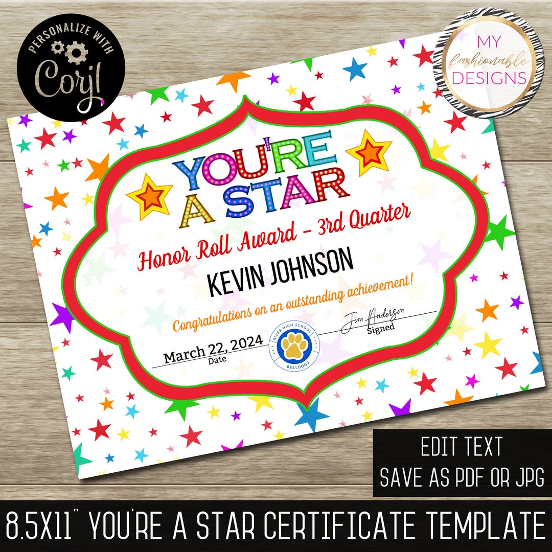 You're a Star Certificate Template - Multicolor - 8.5x11" - Save as PDF ...
