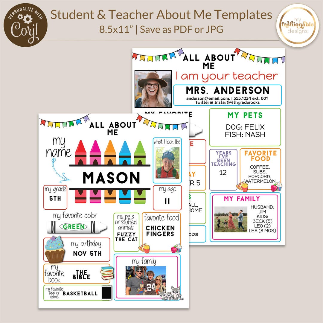 Editable Student & Teacher About Me Template - 8.5x11" - Save as JPG or ...