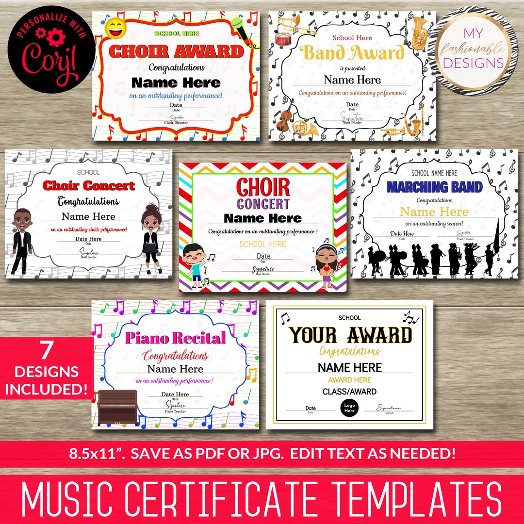 Music Certificate Template Set - Choir Award, Band Award - 7 Designs ...