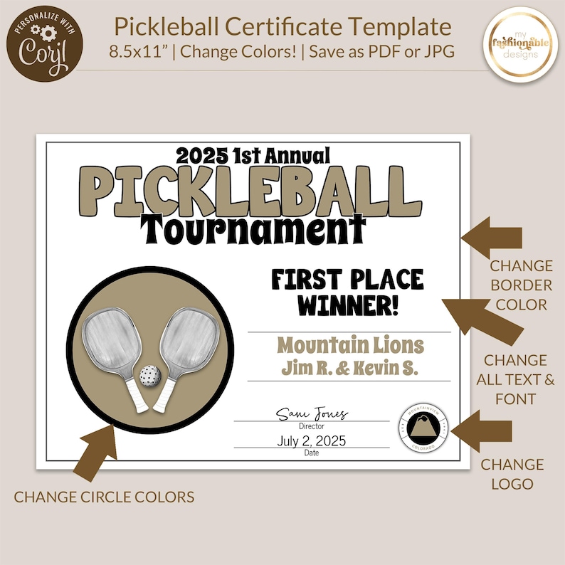 Pickleball Certificate Template - Pickleball Award - 8.5x11" - Save as ...