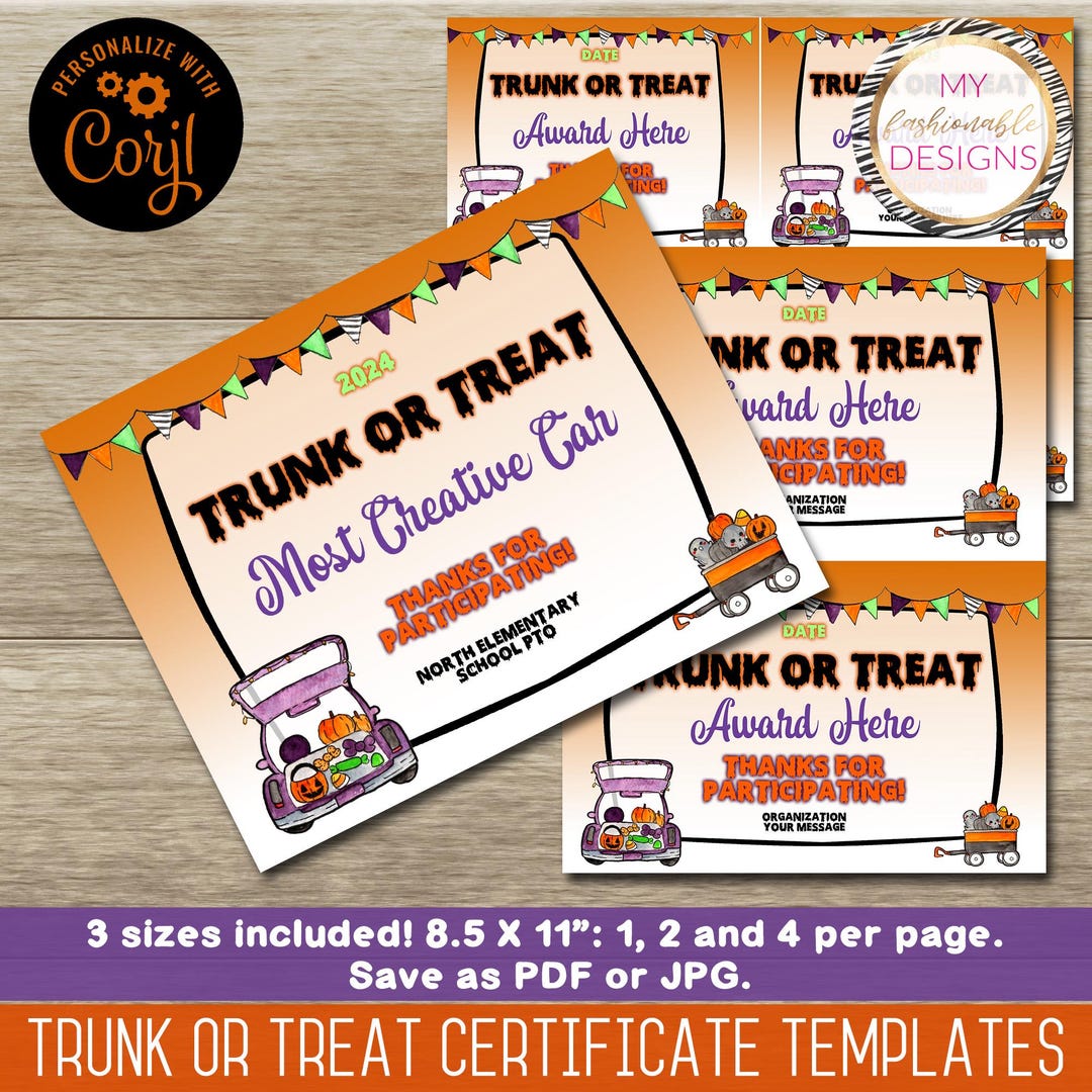 Trunk or Treat Certificate Template Set 3 Sizes 8.5x11: 1, 2 and 4 per ...