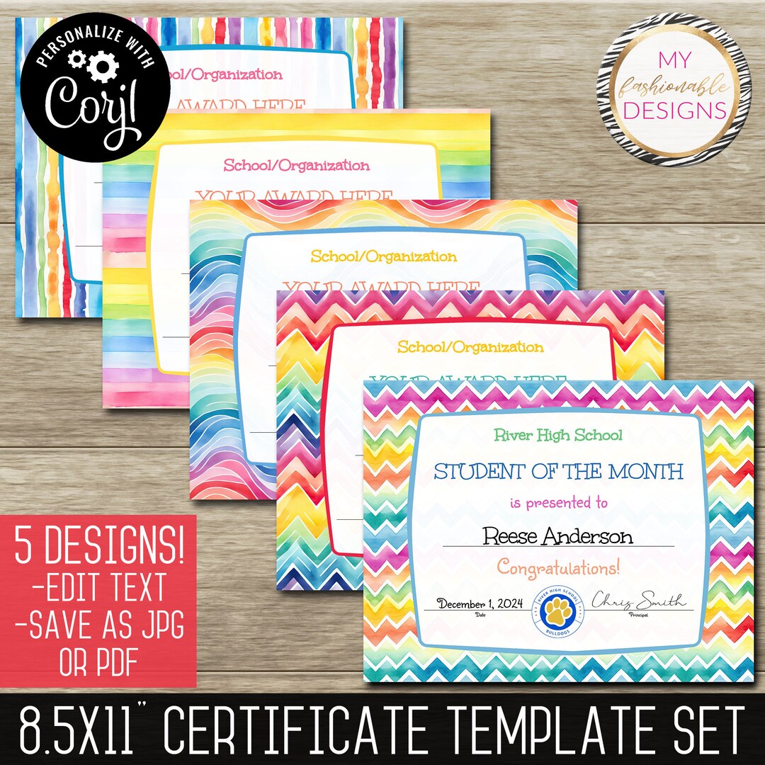 Colorful Certificate Template Set - 5 Design Templates! 8.5x11" - Save ...