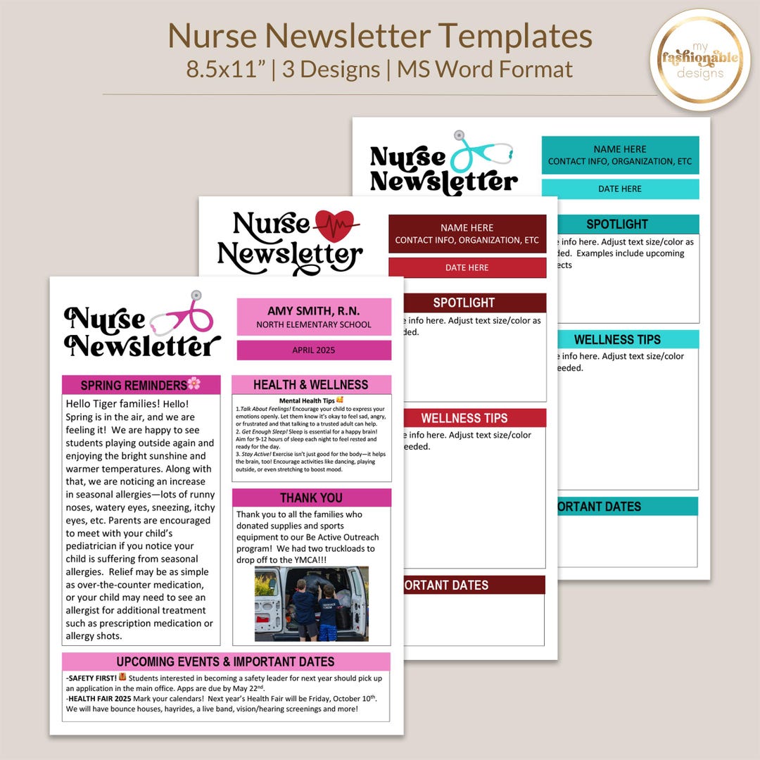 Nurse Newsletter Templates, 3 Designs Included, Word Format, Instant ...