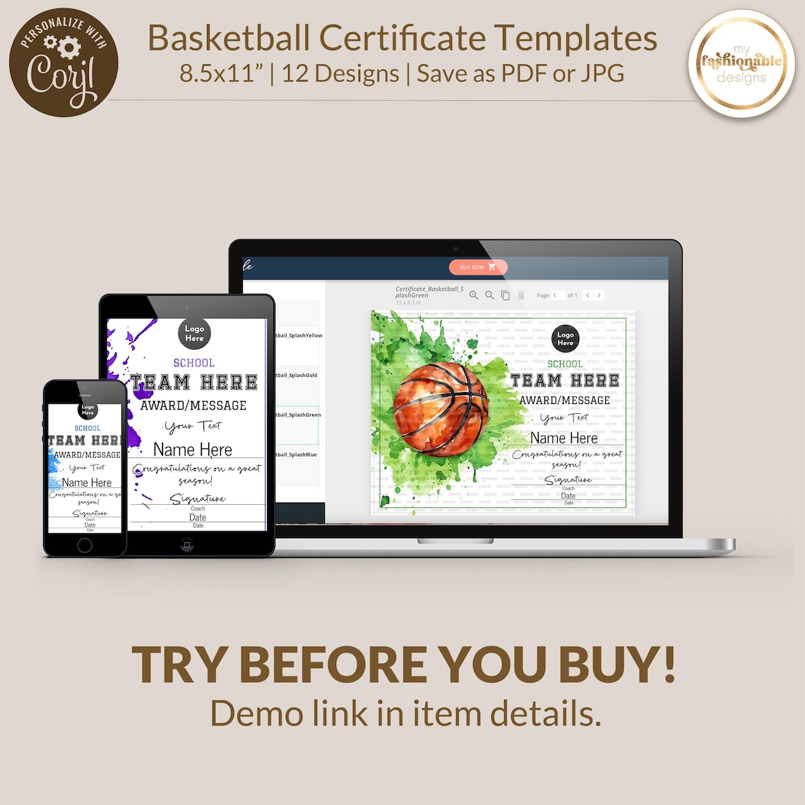Basketball Certificate Template Set 8.5x11" - 12 Designs - Edit Text ...