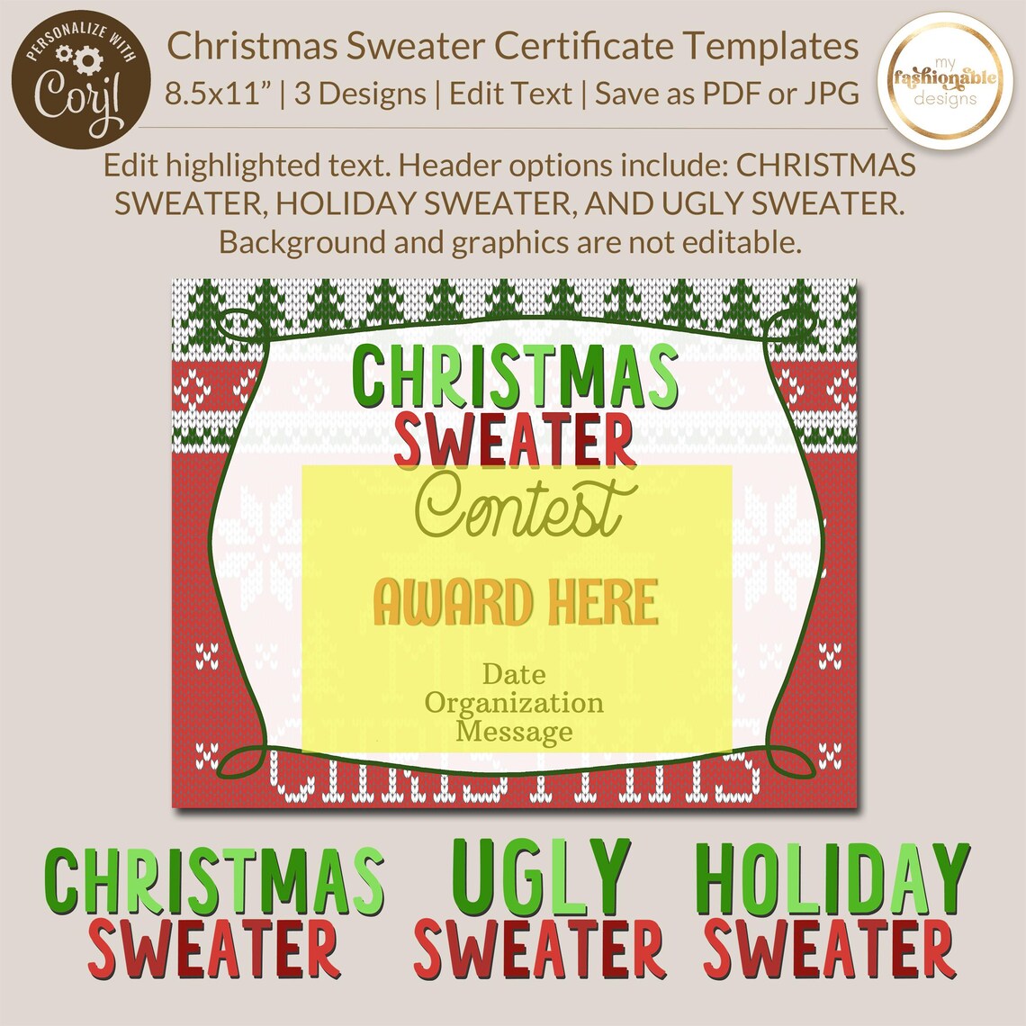 Christmas Sweater Certificate Template Set - 3 Designs!!! 8.5x11 ...