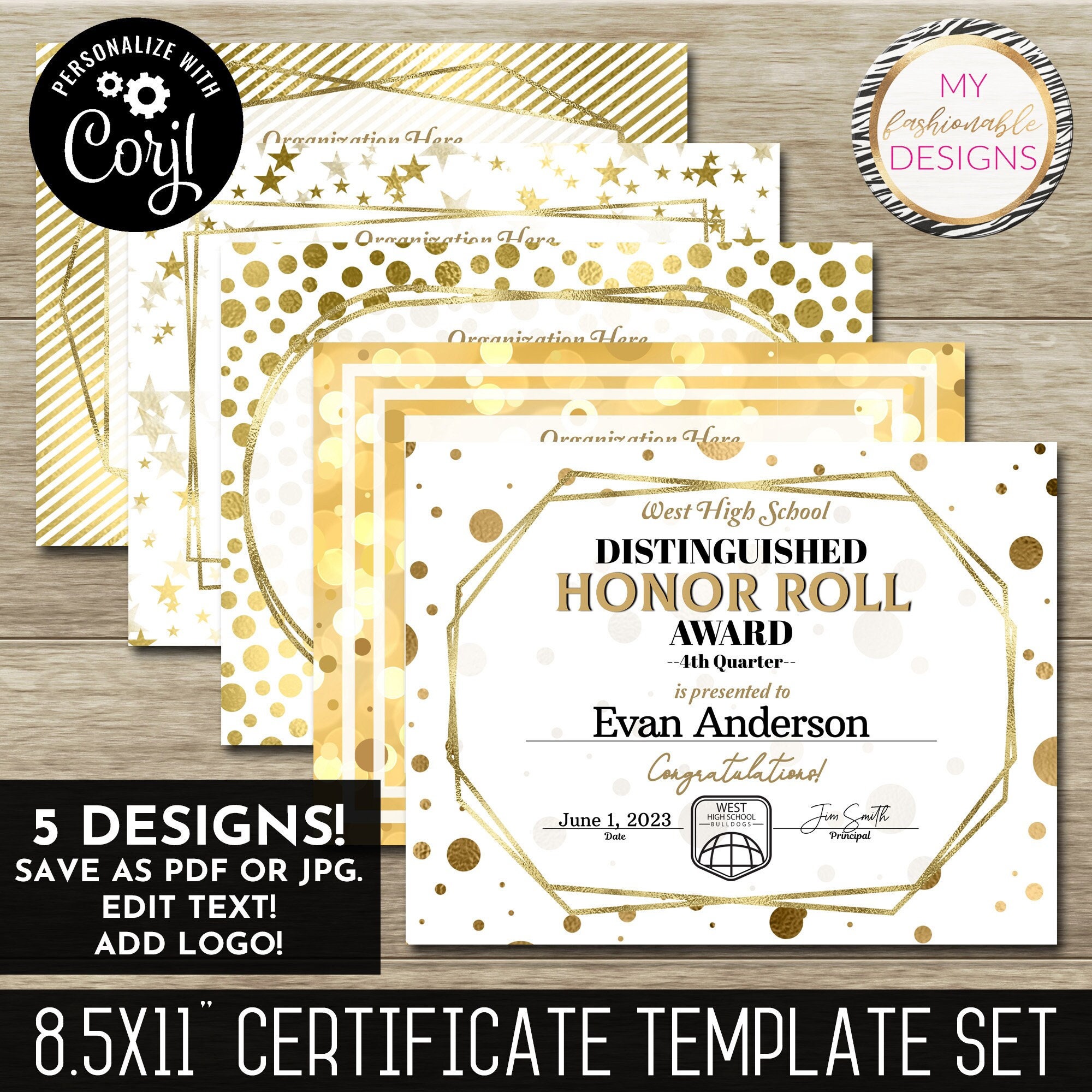 Certificate Template Set White & Gold 5 Design Templates 8.5x11 Save as ...
