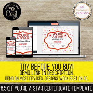 You're a Star Certificate Template Red & Yellow 8.5x11 Save as PDF or ...