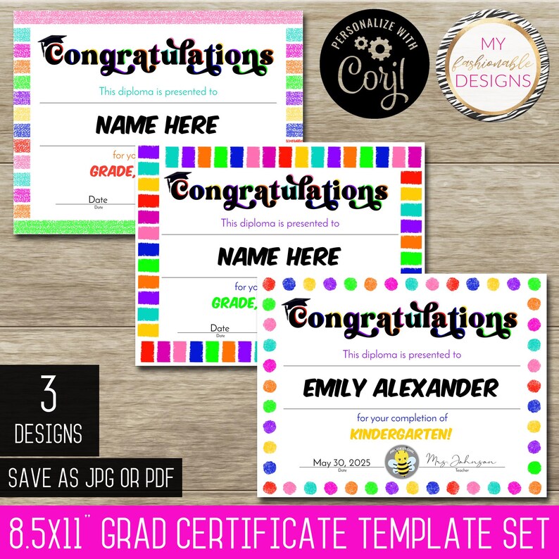 Graduation Certificate Template - 3 Designs 8.5x11" - Save as JPG or ...
