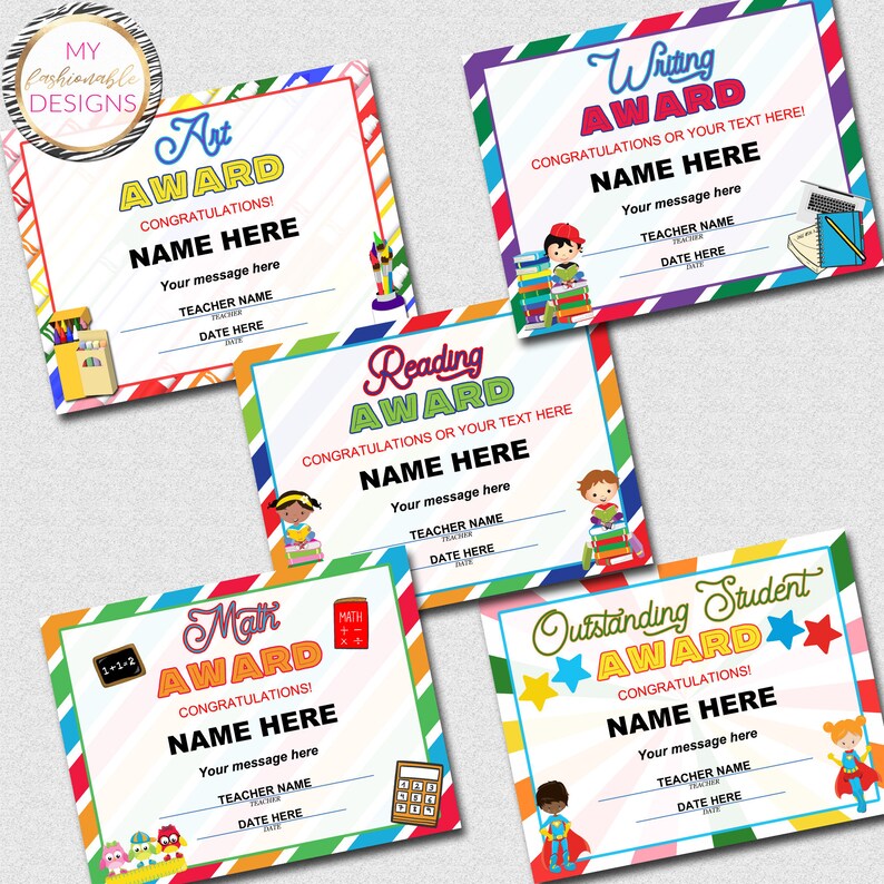 Student Certificate Set, Art Award, Reading Award, Math Award, Writing ...