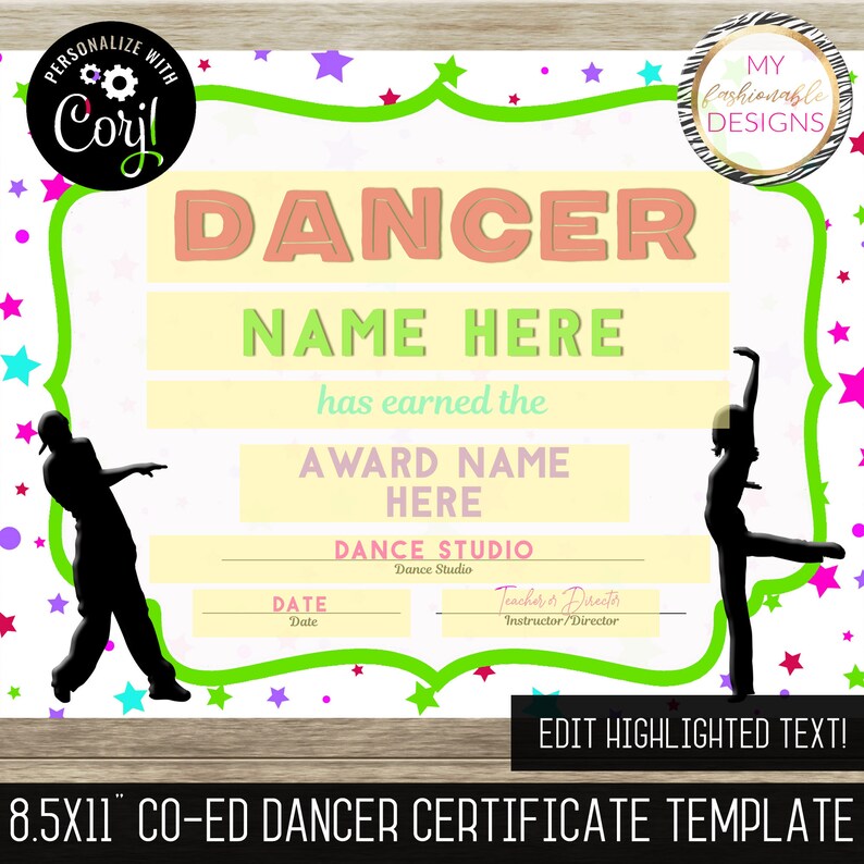 Editable Co-ed Dancer Certificate 8.5x11 Printable - Etsy
