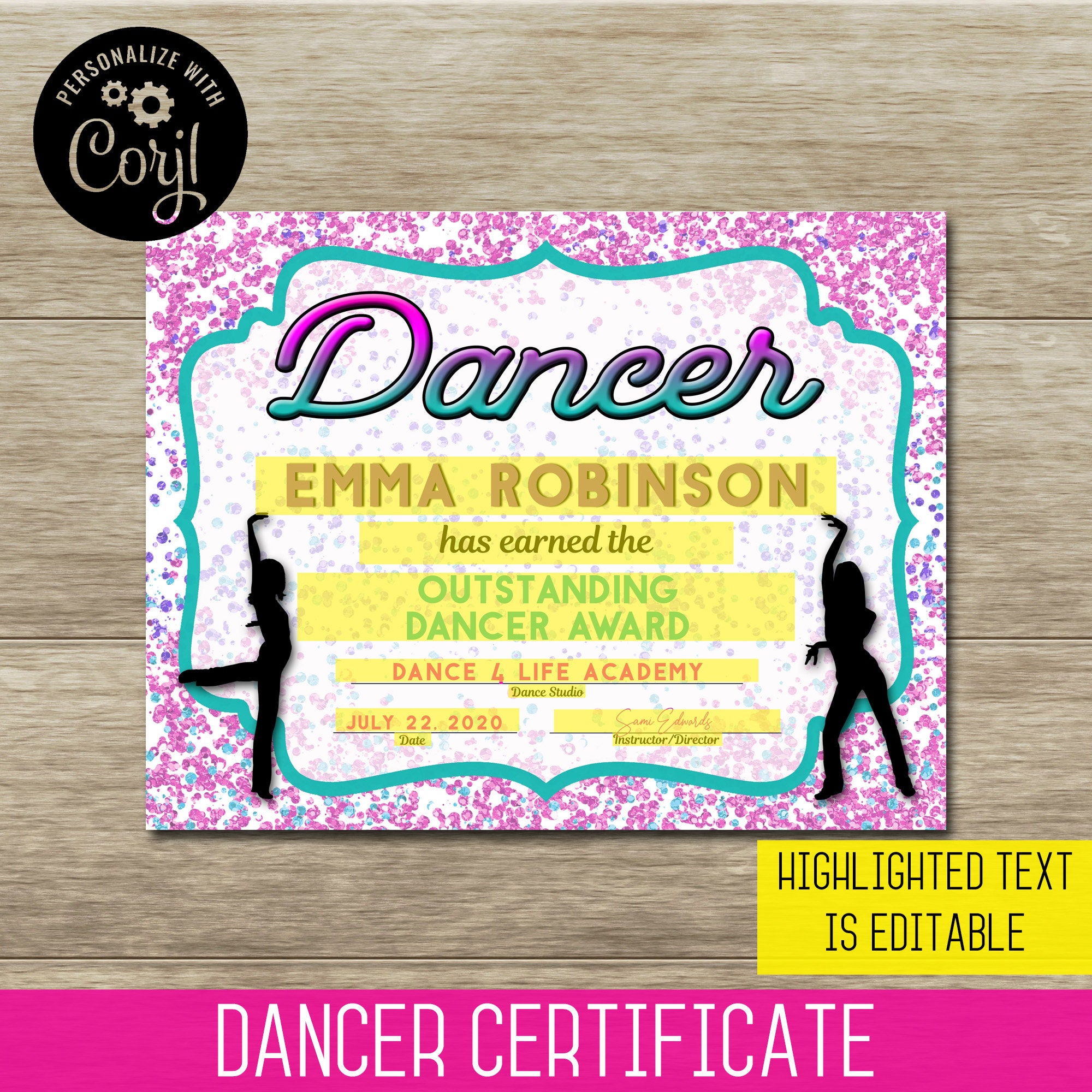 Dancer Certificate Template 8.5x11 Save as PDF or JPG Corjl Self-edit ...