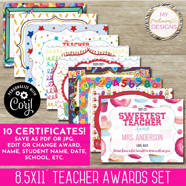 Teacher Awards Certificate Set 10 Designs 8.5x11 Save as JPG or PDF ...
