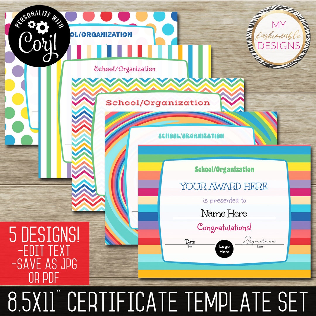 Colorful Certificate Template Set 5 Design Templates 8.5x11 Save as JPG ...