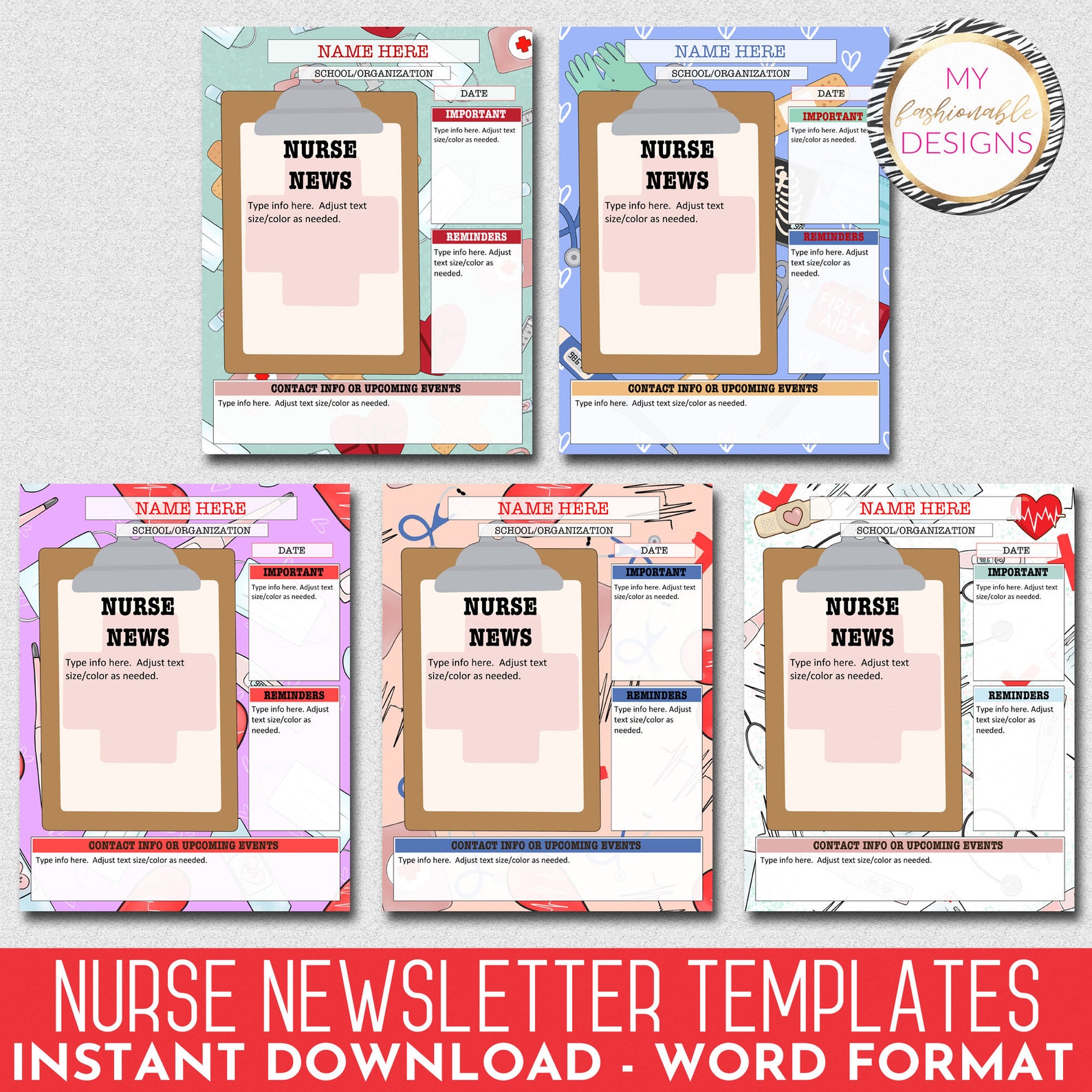 Nurse Newsletter Templates, 5 Designs Included, Word Format, Instant ...