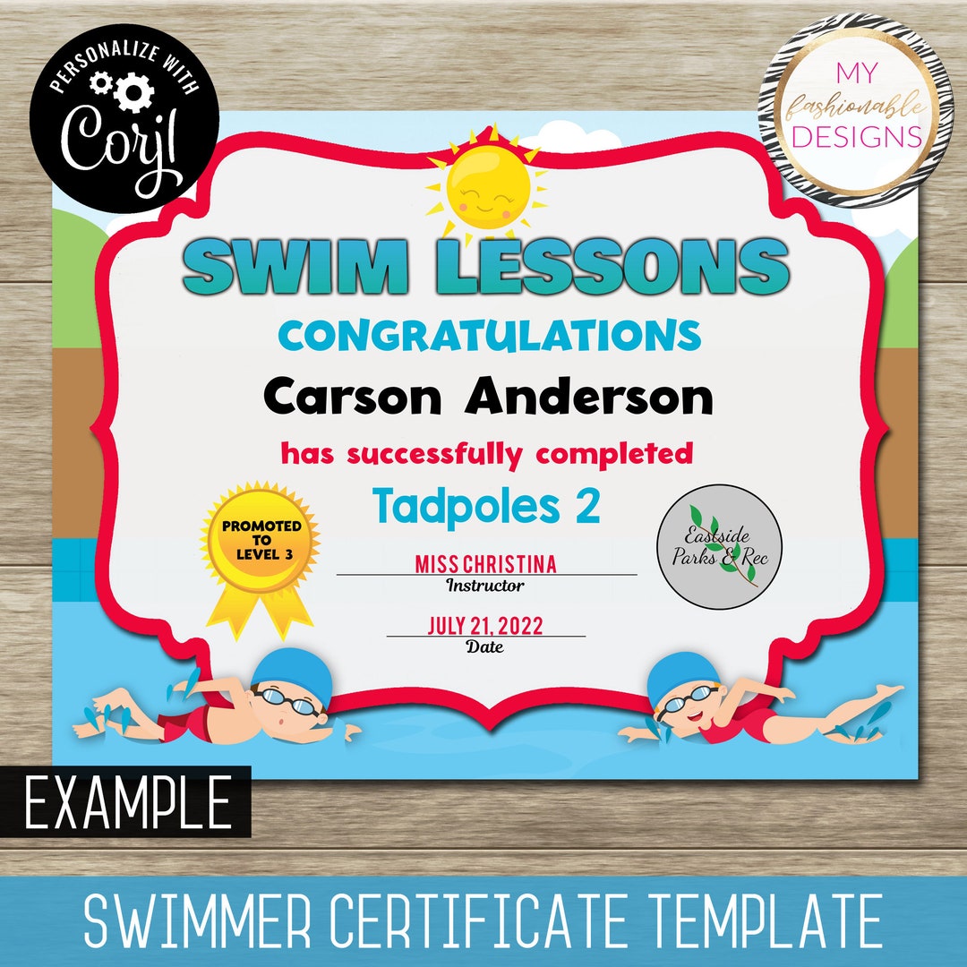 Swimmer Certificate - 8.5x11" Save as PDF or JPG - Swim Lessons - Corjl ...