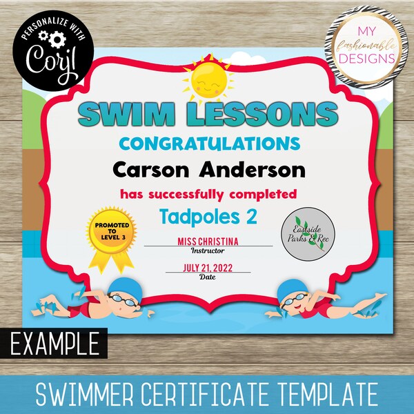 Swim Lesson Certificate - Etsy