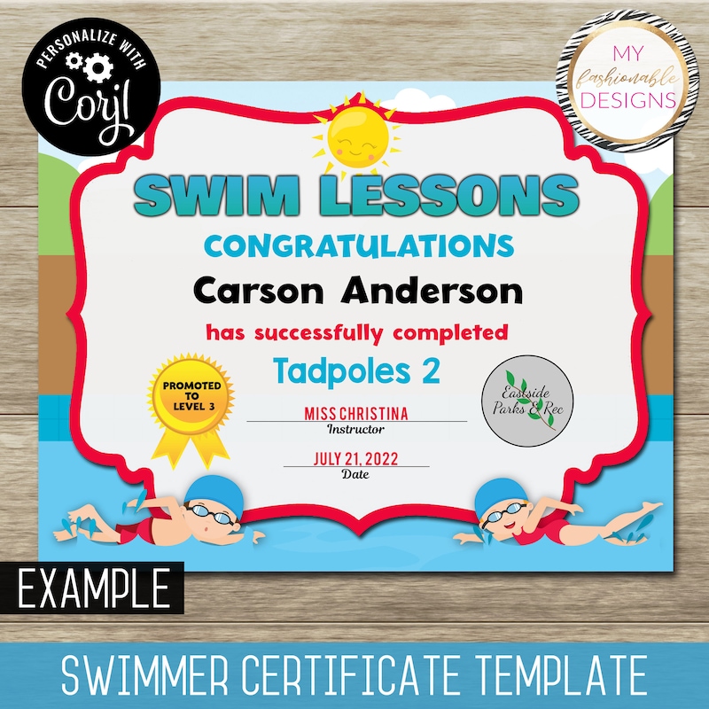 Swim Lesson Certificate - Etsy