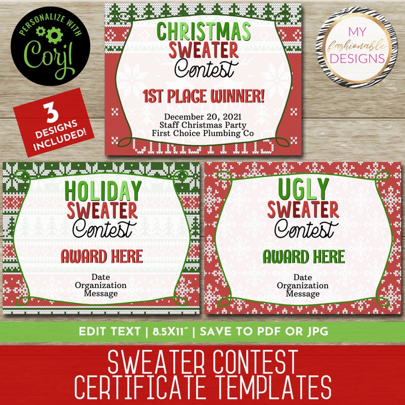 Christmas Sweater Certificate Template Set - 3 Designs!!! 8.5x11 ...