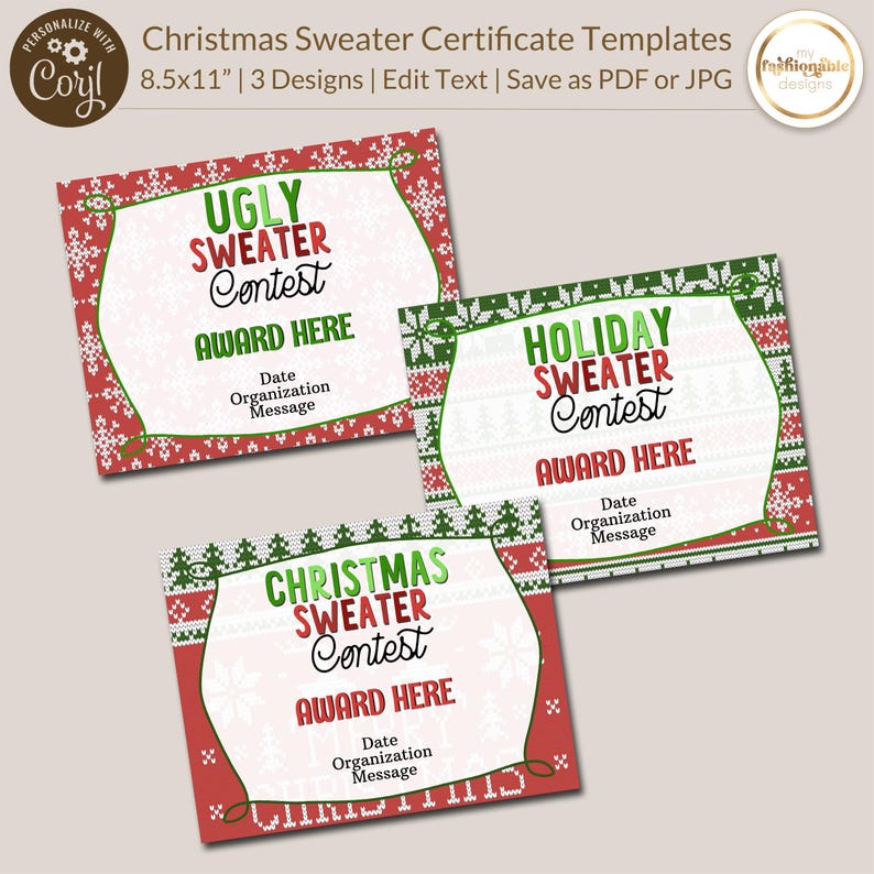 Christmas Sweater Certificate Template Set - 3 Designs!!! 8.5x11 ...
