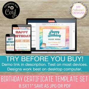 Happy Birthday Certificate Template Set 8.5x11" - 5 Designs! - Save as ...