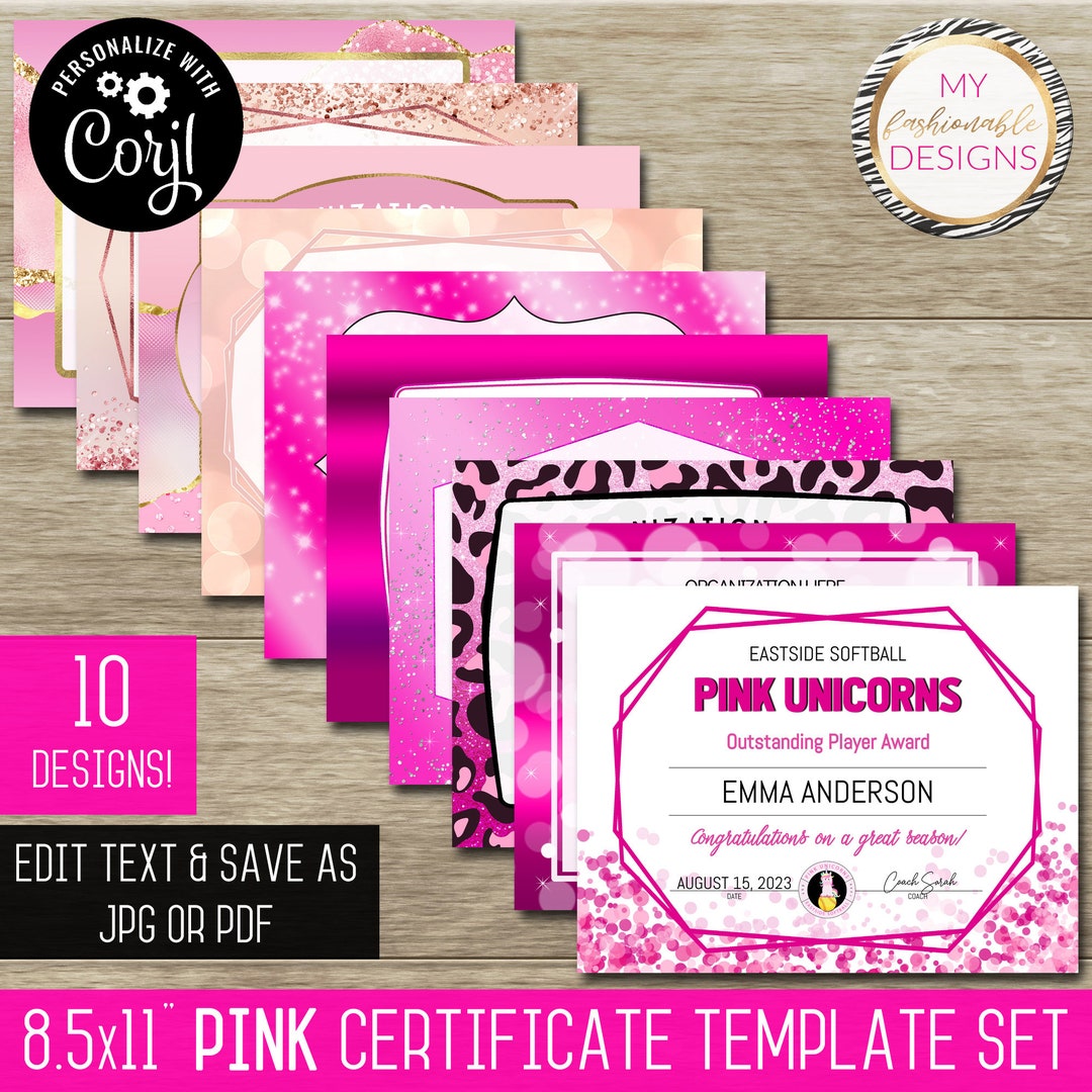 Pink Certificate Template Set - 10 Design Templates! 8.5x11" - Save as ...