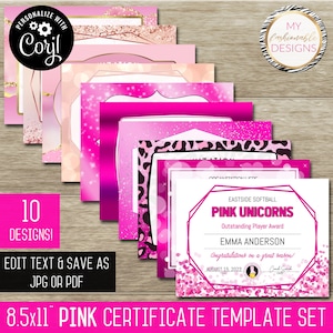 Pink Certificate Template Set - 10 Design Templates! 8.5x11" - Save as ...