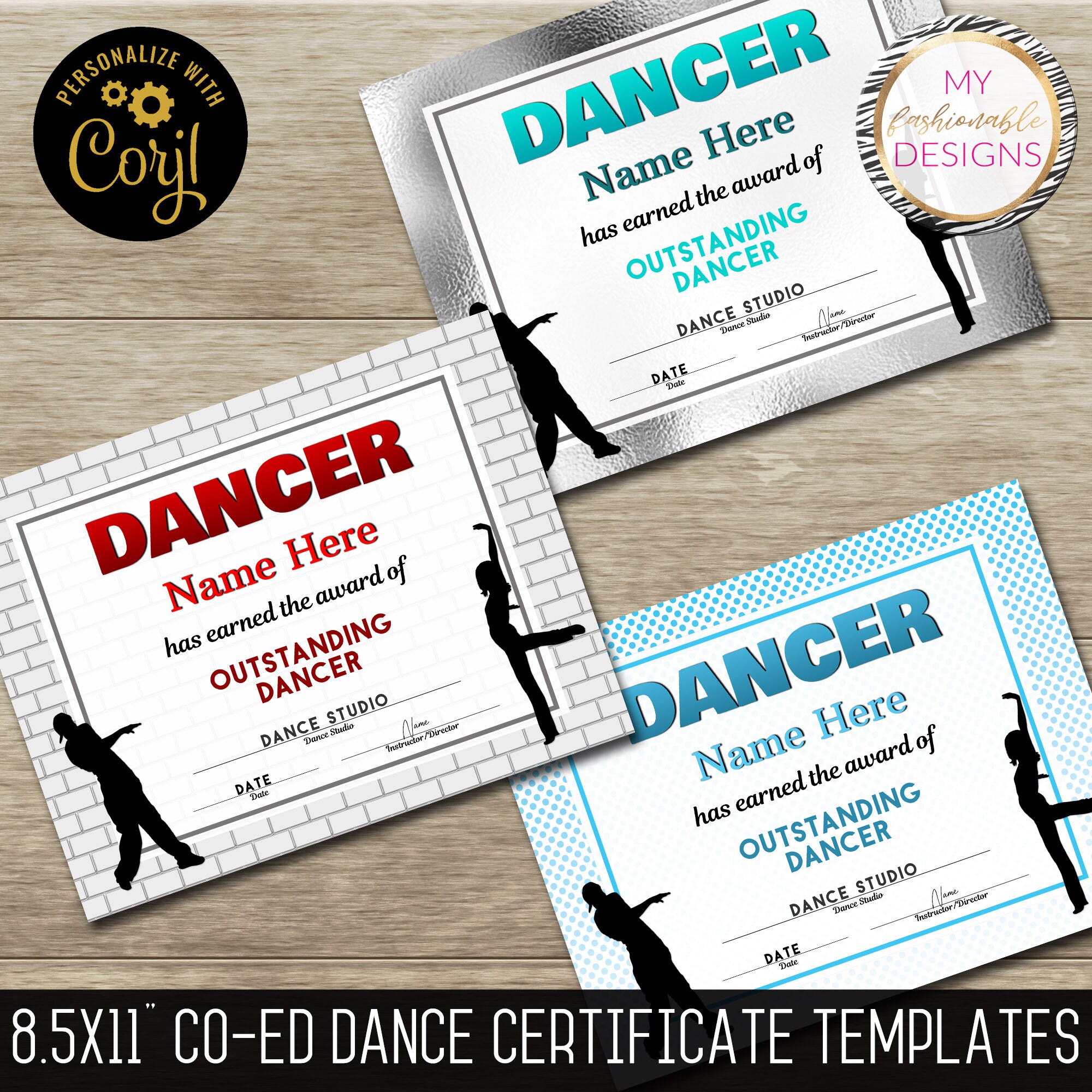 Coed Dancer Certificate Template Set - 8.5x11" -6 Designs - Save as PDF ...