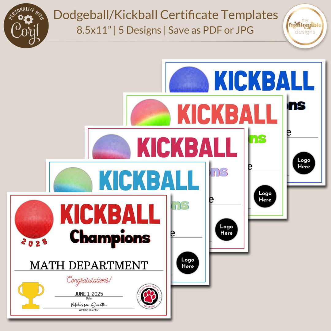 Kickball or Dodgeball Certificate Template - 8.5x11" - Save as PDF or ...