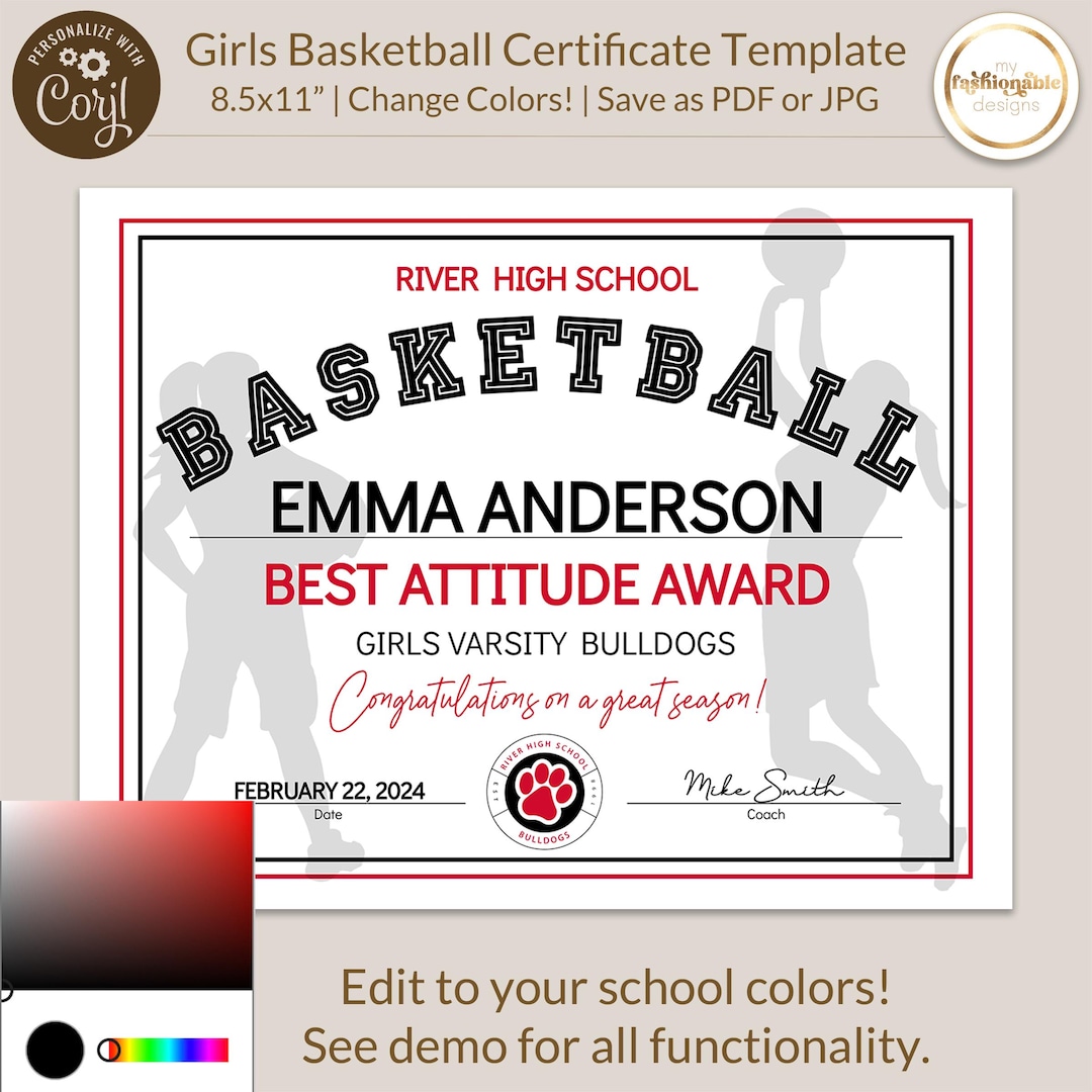Girls Basketball Certificate Template 8.5x11" - Change Border Colors ...