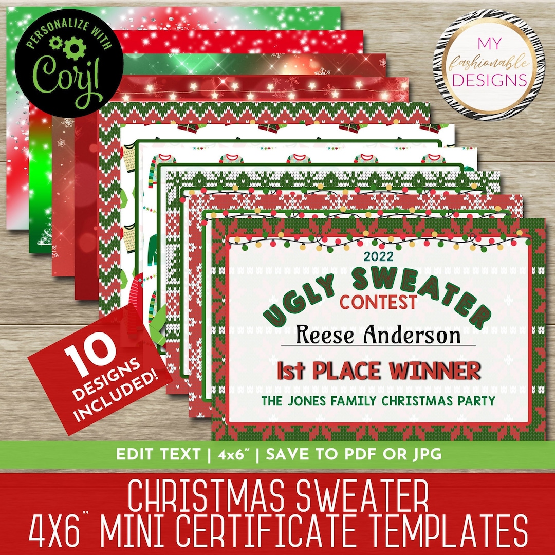 Christmas Sweater Mini Certificate Templates 10 Designs 4x6 Save as JPG ...