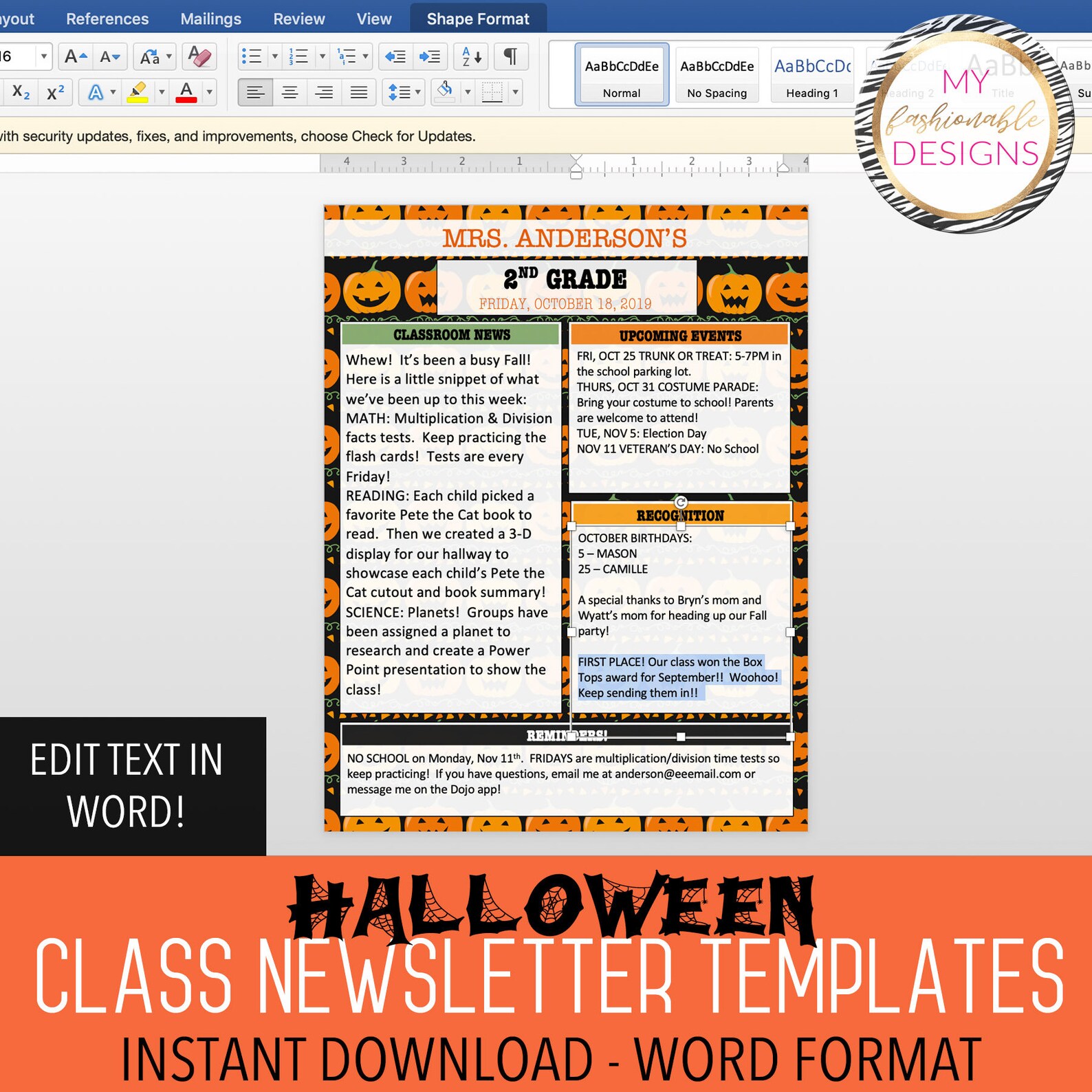 Halloween Newsletter Templates, 5 Designs Included, Teacher Newsletter ...